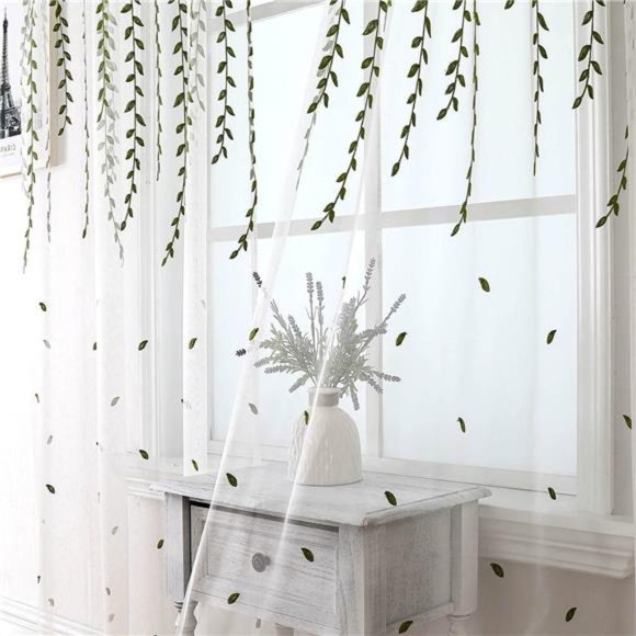 Accents | Green Pattern Curtains Sheer2panel Set Of Sheer Embroidered ...